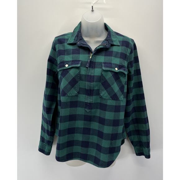 J. Crew | Tops | J Crew Plaid 0 Cotton Half Zip Flannel Shirt Green ...